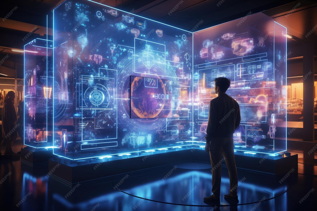 A futuristic AI laboratory with holographic data screens displaying complex algorithms and ...