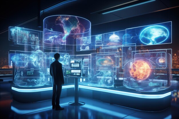 A futuristic AI laboratory with holographic data screens displaying complex algorithms and ...