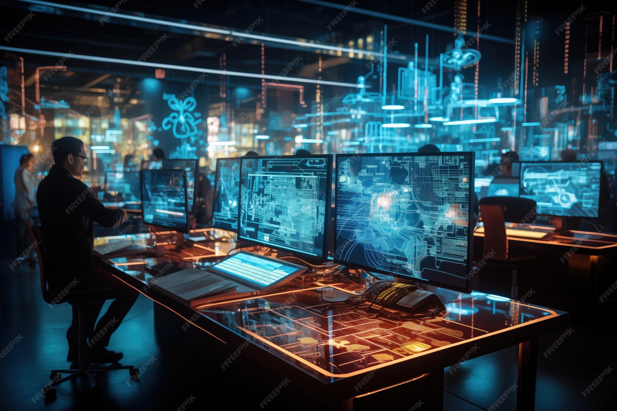 A futuristic AI laboratory with holographic data screens displaying complex algorithms and ...