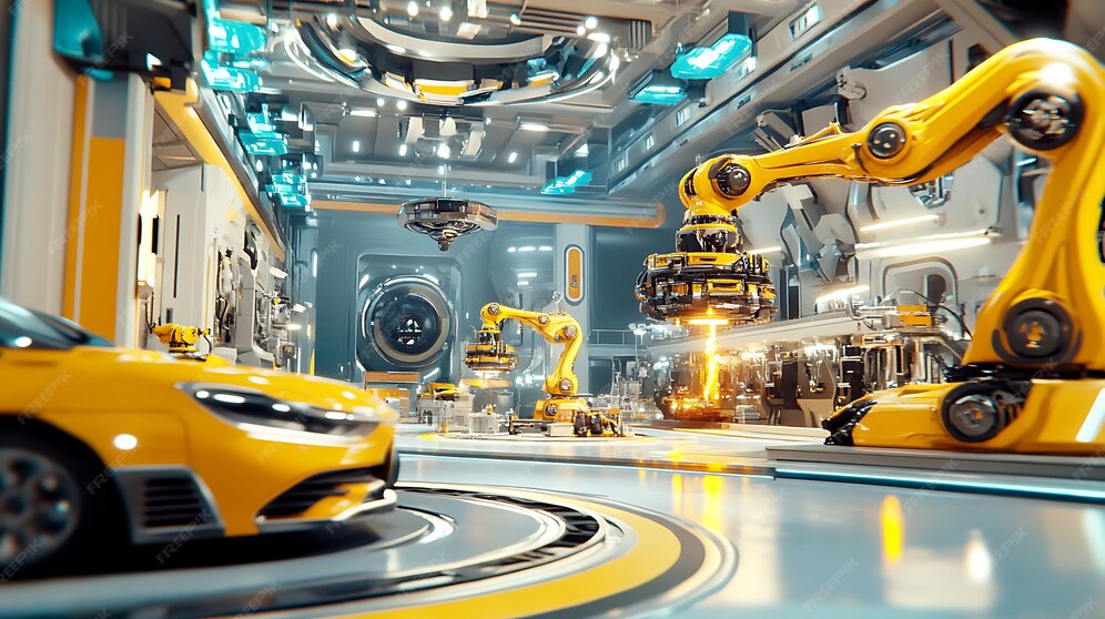 A futuristic AIpowered factory with robotic arms building complex ... A futuristic AIpowered factory with robotic arms building complex ...