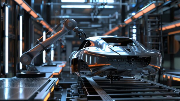 Futuristic car on conveyor belt in factory | Premium AI-generated image Futuristic car on conveyor belt in factory | Premium AI-generated image