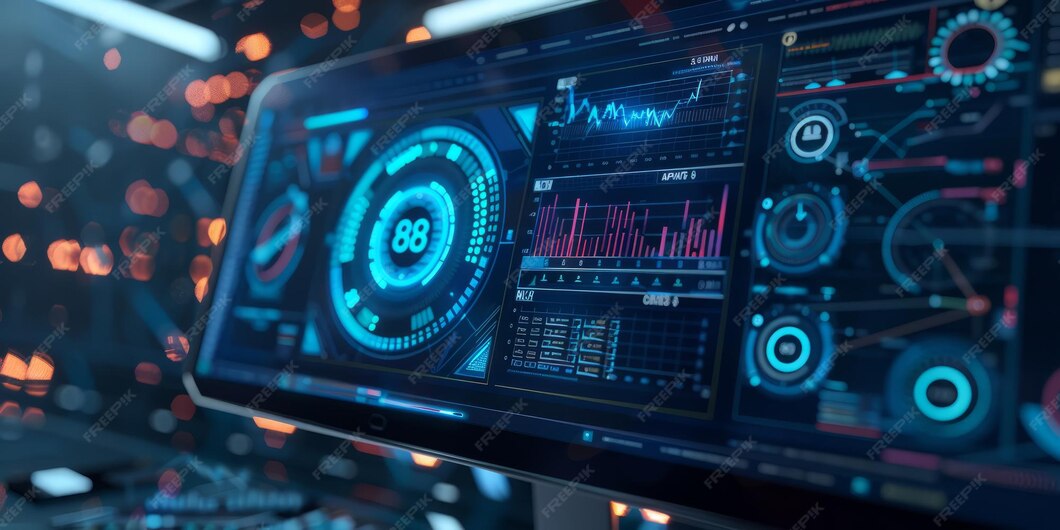 A futuristic computer monitor displaying an abstract network monitoring ...
