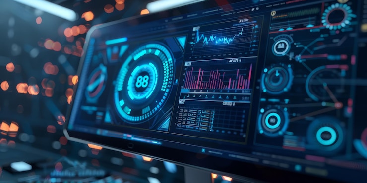 A Futuristic Computer Monitor Displaying An Abstract Network Monitoring