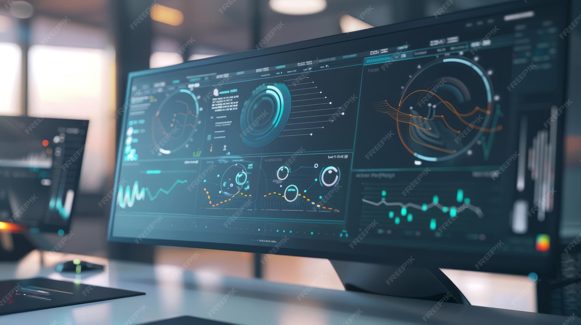 A Futuristic Computer Monitor Displaying An Abstract Network Monitoring Dashboard With Swirling
