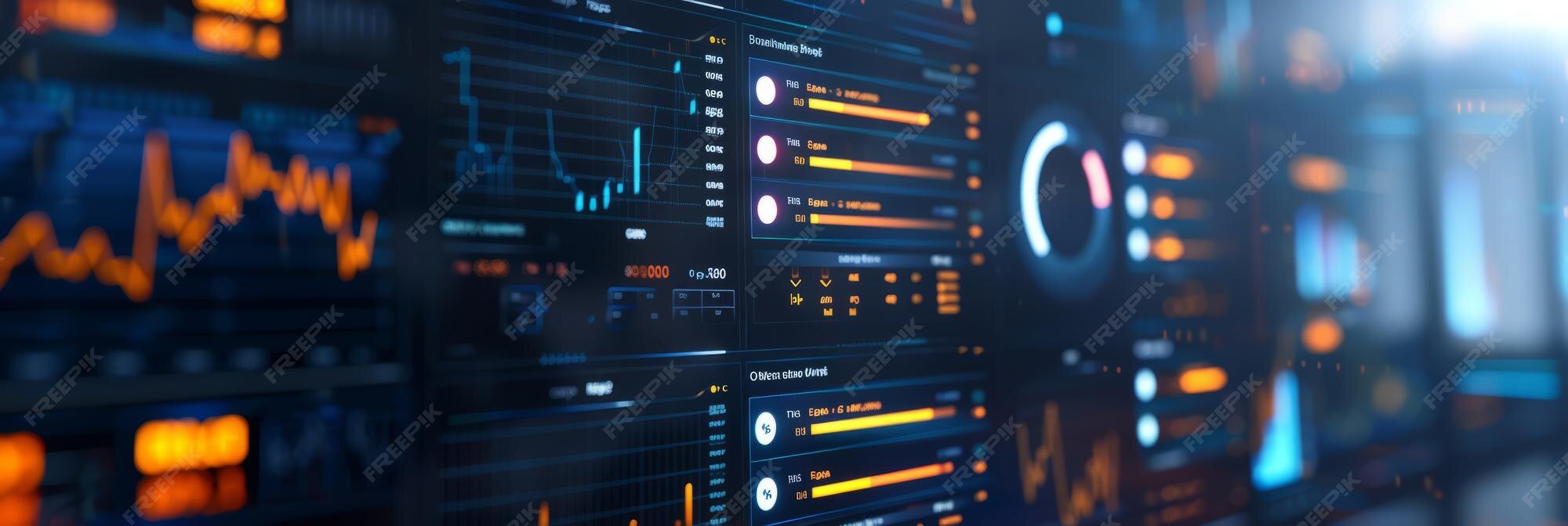 A futuristic computer monitor showing a dynamic abstract network monitoring dashboard with ...