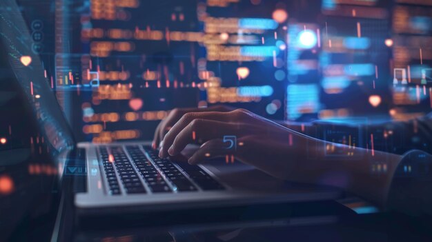 Computer programmer coding on laptop with ai futuristic technology digital and data engineering ...