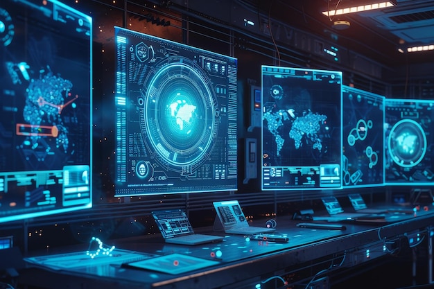 A futuristic control room with multiple monitors displaying data maps ...