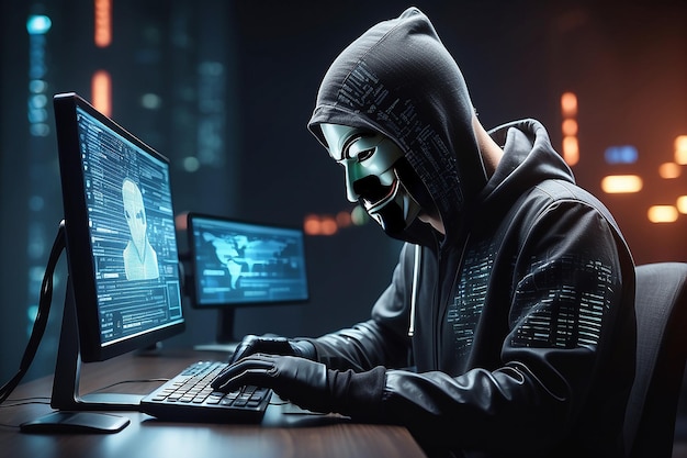 Premium Photo Futuristic Cyber Hacker Operating Under The Guise Of Anonymous Employs Advanced