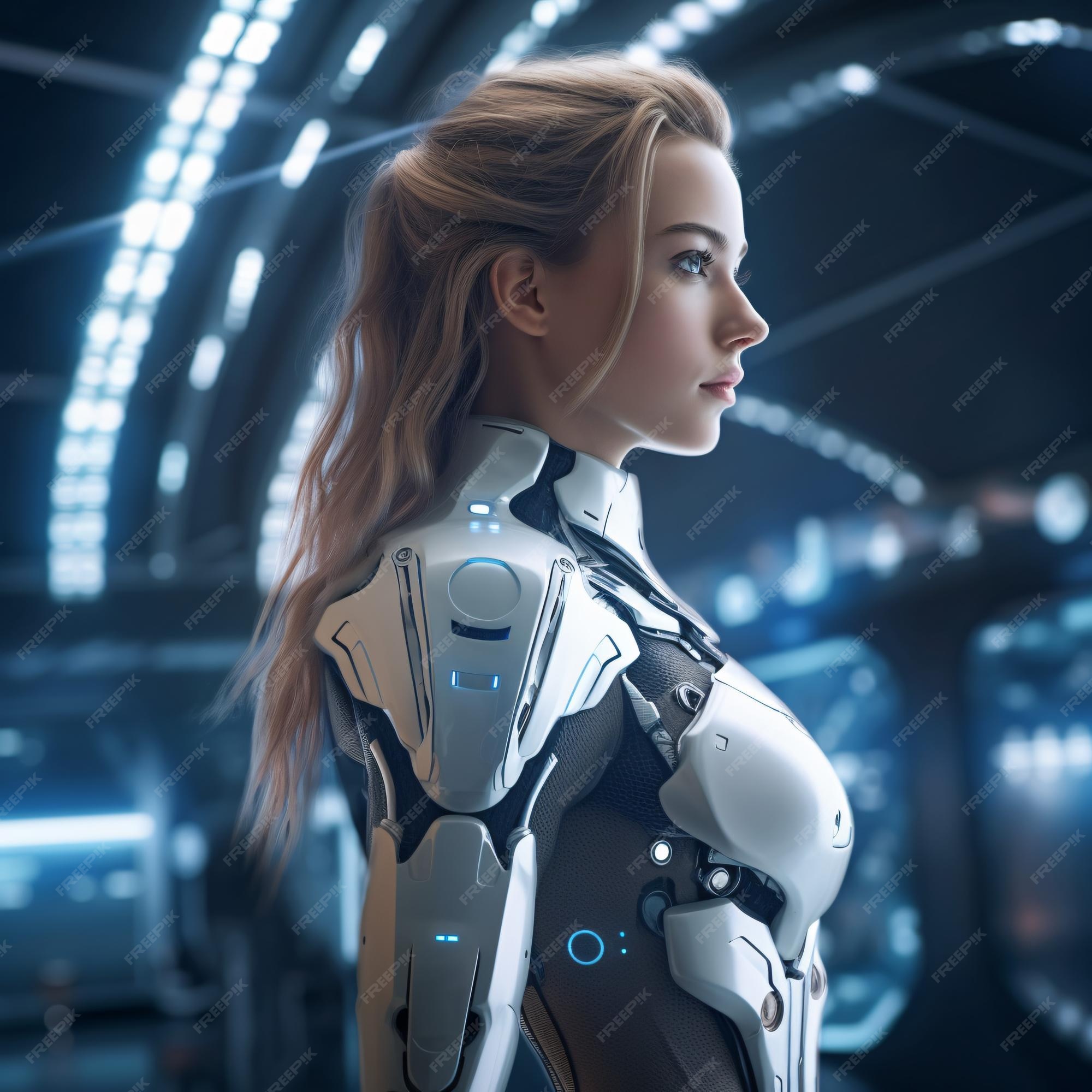 Premium Photo Futuristic Cyborg Girl With Metal Armor Generative Ai