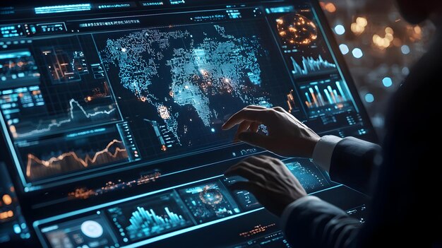 Futuristic Digital Dashboard Displaying Global Data Analytics and ... Futuristic Digital Dashboard Displaying Global Data Analytics and ...