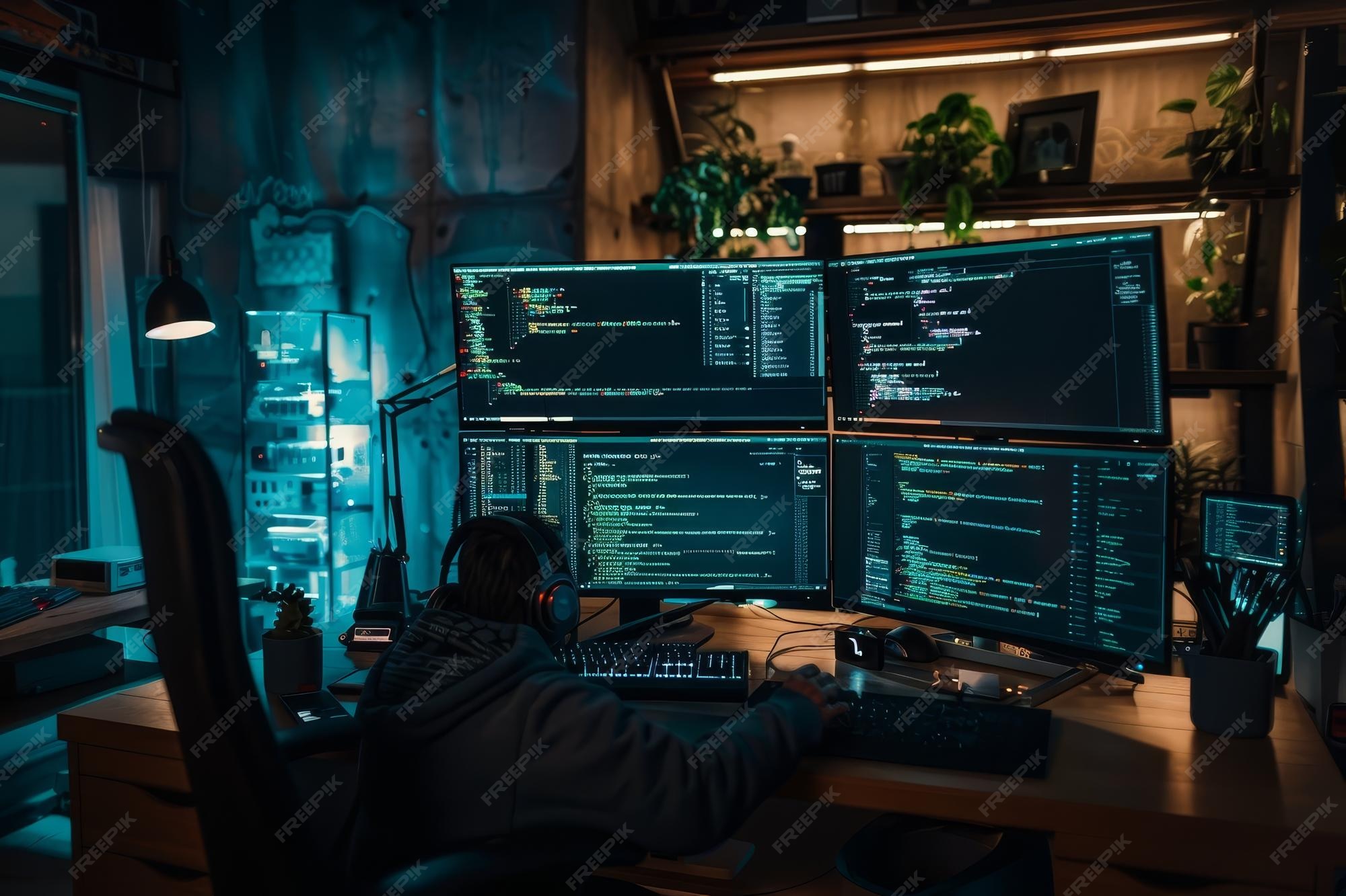 Futuristic and Dimly Lit Programming Workspace with Multiple Monitors Displaying Complex Lines ...