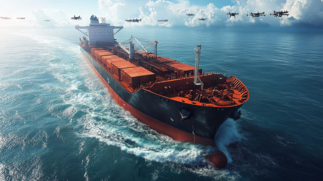 Futuristic dronepowered cargo ships navigating autonomously Massive ... Futuristic dronepowered cargo ships navigating autonomously Massive ...