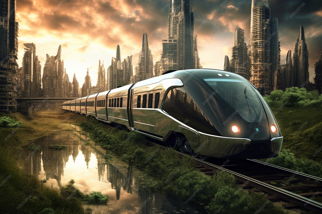 Premium AI Image | Futuristic high speed train and the futuristic city Premium AI Image | Futuristic high speed train and the futuristic city
