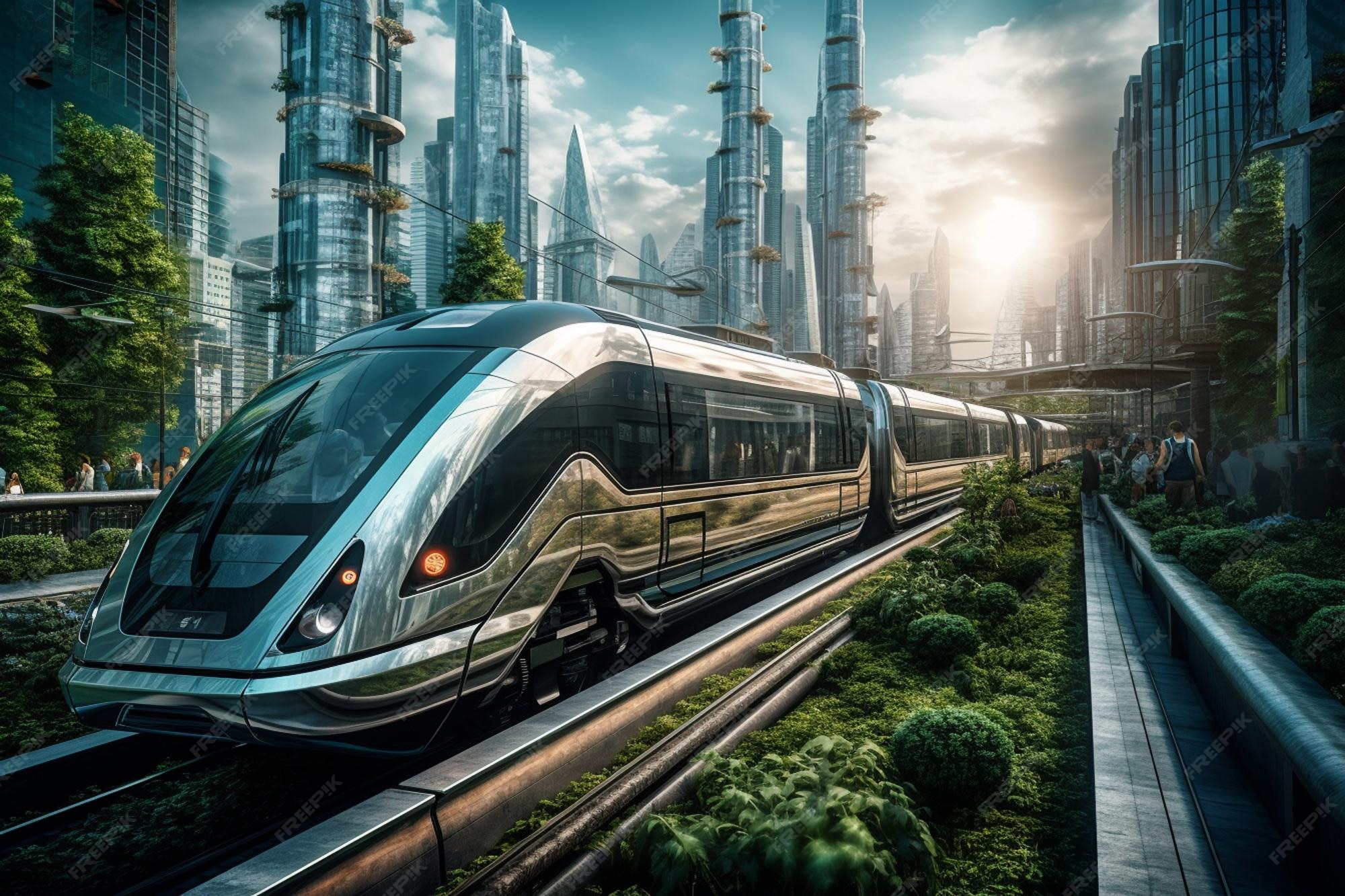 Premium AI Image | Futuristic high speed train and the futuristic city Premium AI Image | Futuristic high speed train and the futuristic city