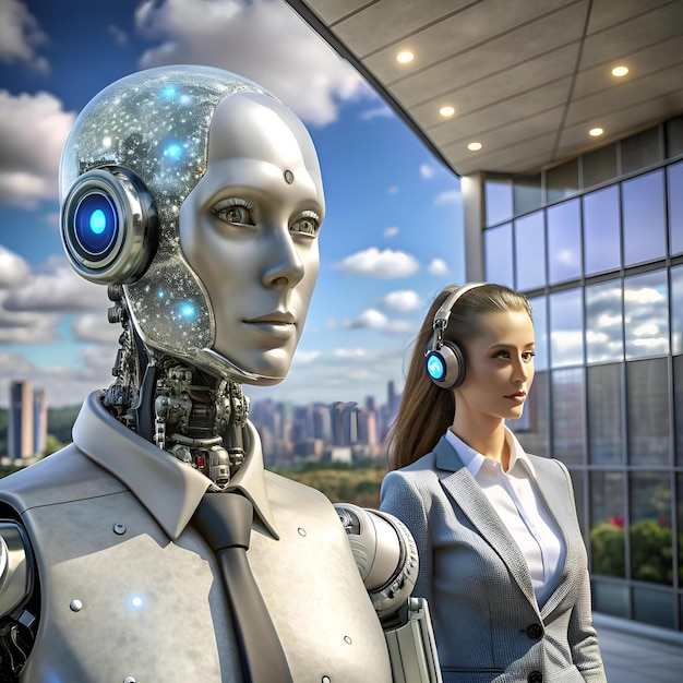 A futuristic humanoid AI robot in a business suit stands alongside a ... A futuristic humanoid AI robot in a business suit stands alongside a ...