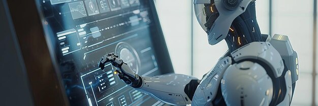 A futuristic humanoid robot interacts with a large touchscreen ...