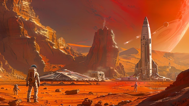 Futuristic mars colony with astronauts exploring red planet scifi ... Futuristic mars colony with astronauts exploring red planet scifi ...