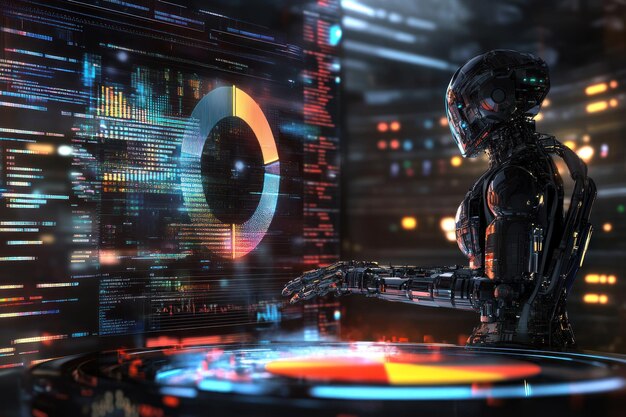 A Futuristic Robot Analyzing Data on a Digital Interface | Premium AI ... A Futuristic Robot Analyzing Data on a Digital Interface | Premium AI ...