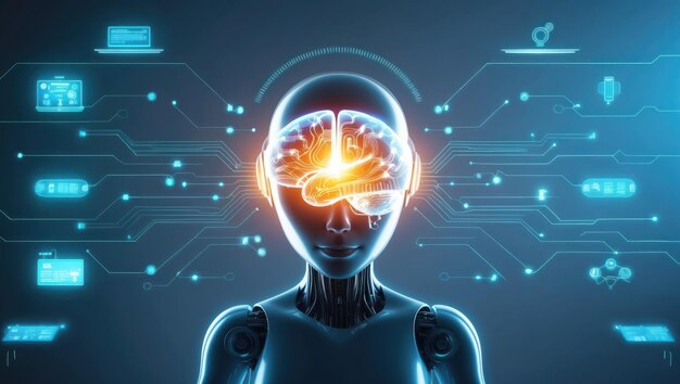 A futuristic robot head with a digital brain and circuit connections ... A futuristic robot head with a digital brain and circuit connections ...