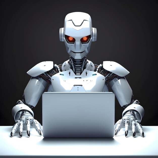 Premium AI Image | Futuristic robot using computer laptop AI generated Premium AI Image | Futuristic robot using computer laptop AI generated