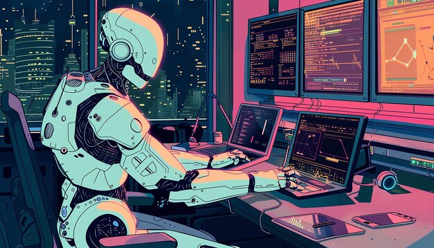 Futuristic robot working in data technology generated by AI | Premium ... Futuristic robot working in data technology generated by AI | Premium ...