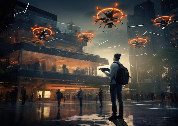 Premium AI Image | A futuristic scenario where AIdriven drones are ... Premium AI Image | A futuristic scenario where AIdriven drones are ...