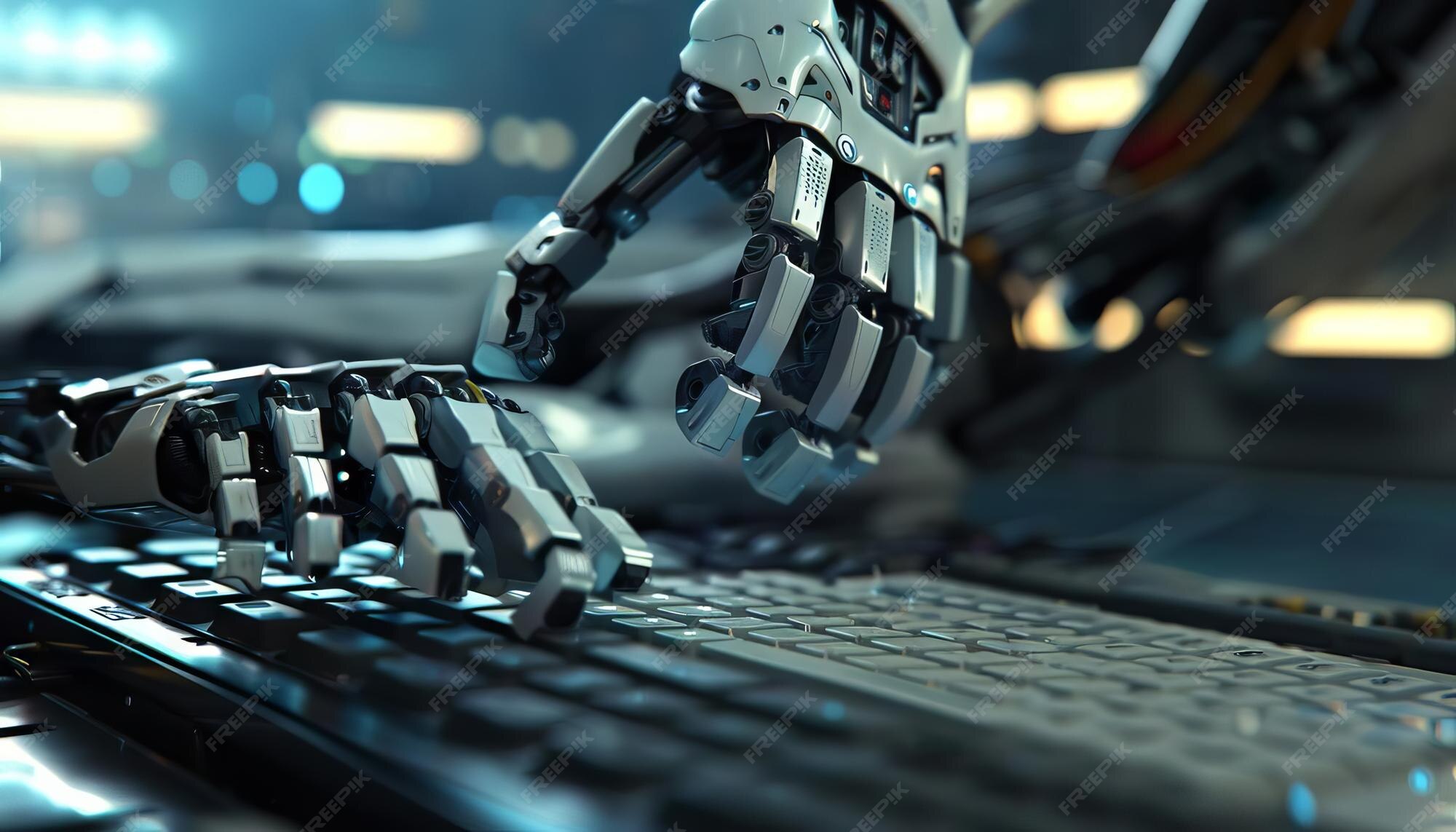 A futuristic scene showing a robots hand working on a computer keyboard programming itself to ...