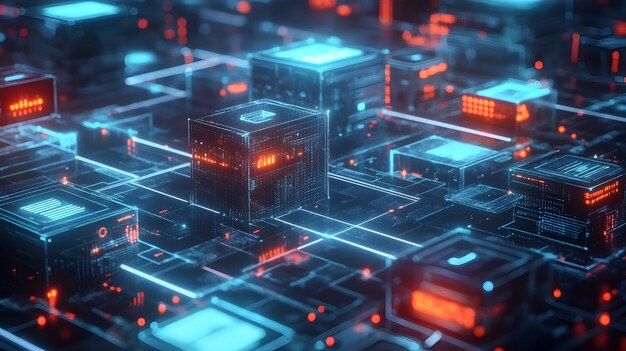 Futuristic visualization of a blockchain based fintech network displayed on a digital interface ...