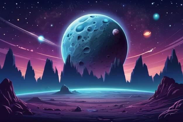 Galaxy Background With Planet Stars And Meteor In Outer Space Alien Planet Or Moon Premium Ai
