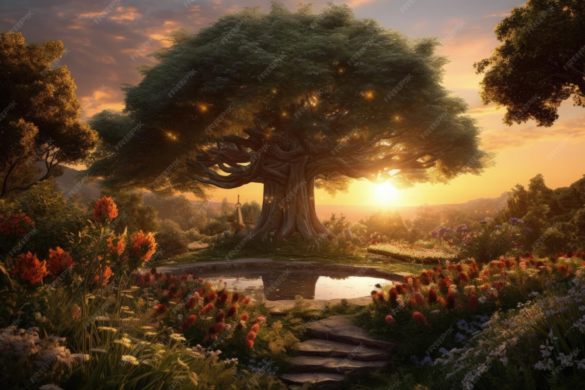 Premium AI Image | Garden of Eden with Tree of Life garden at sunset AI Premium AI Image | Garden of Eden with Tree of Life garden at sunset AI
