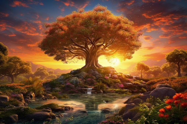 Garden Of Eden With Tree Of Life Garden At Sunset Ai Premium Ai
