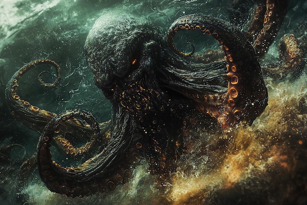 A gargantuan sea creature with fiery eyes and writhing tentacles ... A gargantuan sea creature with fiery eyes and writhing tentacles ...