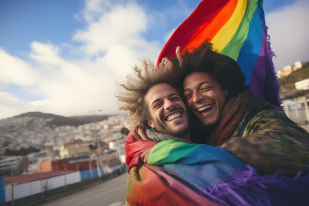 Premium Photo Gay Couple Kissing With Rainbow Flag In The City