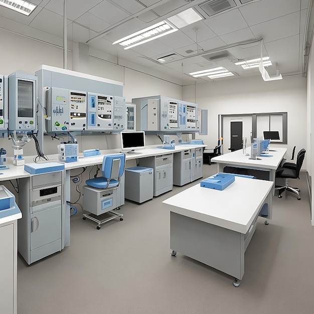 Generate an image of a lab setting with computers and monitors displaying data and graphs ...