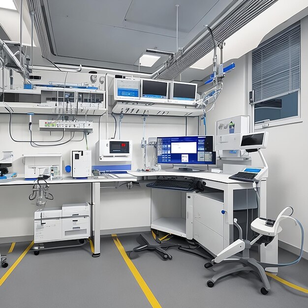 Generate an image of a lab setting with computers and monitors displaying data and graphs ...