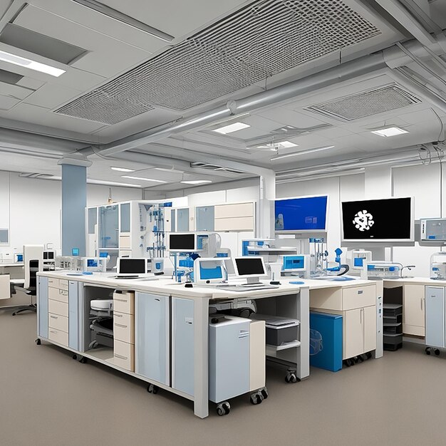Generate an image of a lab setting with computers and monitors displaying data and graphs ...