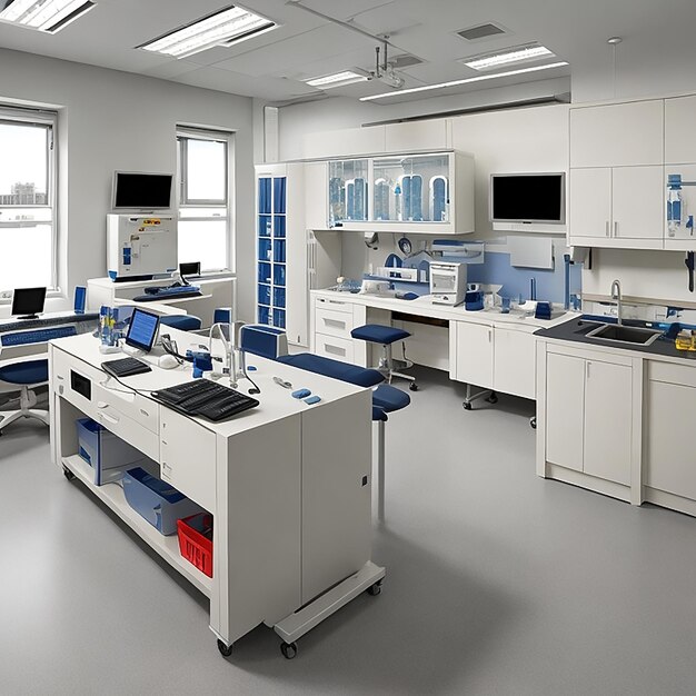 Generate an image of a lab setting with computers and monitors displaying data and graphs ...