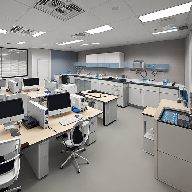 Generate an image of a lab setting with computers and monitors displaying data and graphs ...