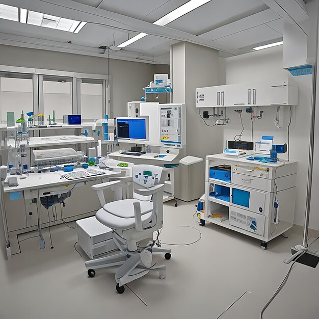 Generate an image of a lab setting with computers and monitors displaying data and graphs ...