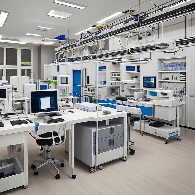 Generate an image of a lab setting with computers and monitors displaying data and graphs ...