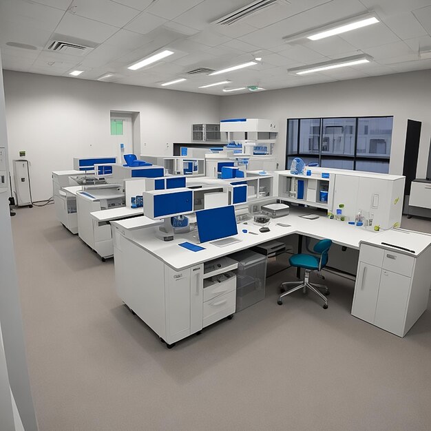 Generate an image of a lab setting with computers and monitors displaying data and graphs ...