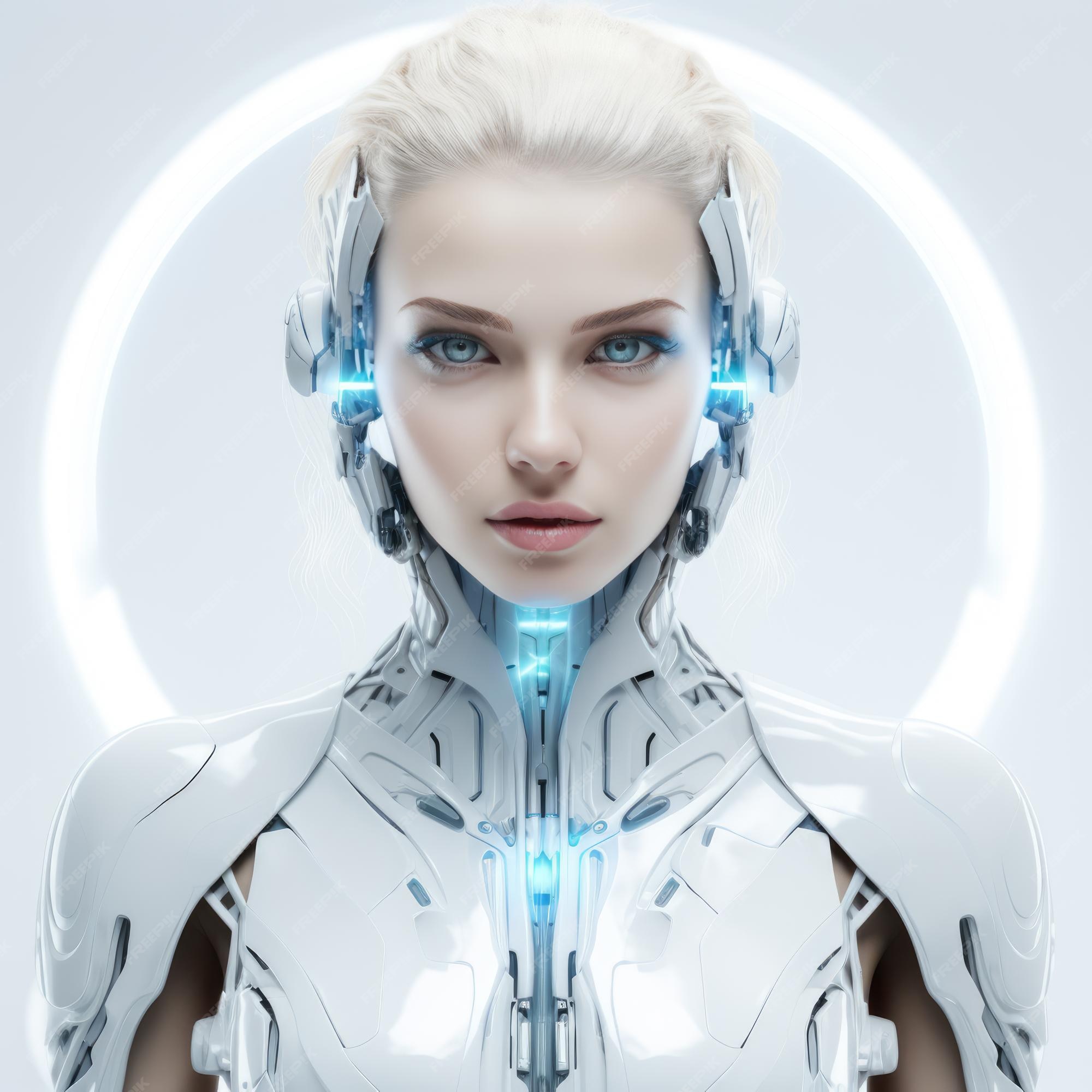 Premium Photo Generated Illustration White Color Beautiful Female Robot Face With Computer