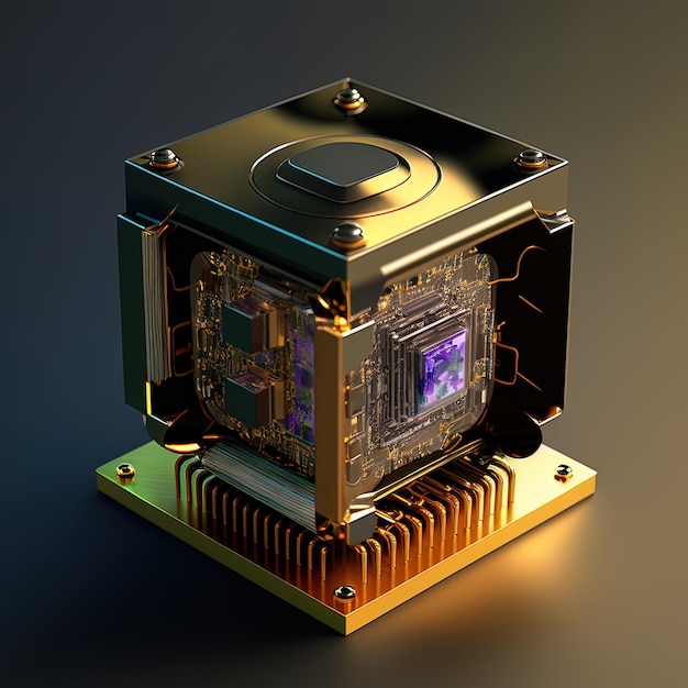 생성 Ai 양자 칩 미래형 빛나는 Cpu 양자 컴퓨터 프로세서 Hud 요소가 있는 디지털 칩 미래형 마이크로칩 프로세서 최신 Cpu 그림 중앙 컴퓨터 프로세서 프리미엄 사진
