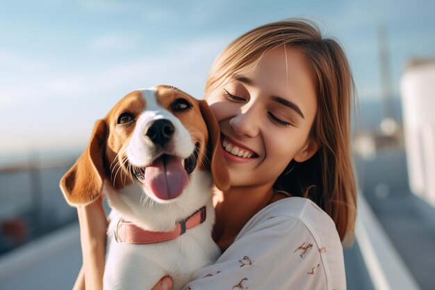 Premium Photo Generative Ai Closeup Portrait Of Pleased Girl With Short Brown Hair Embracing