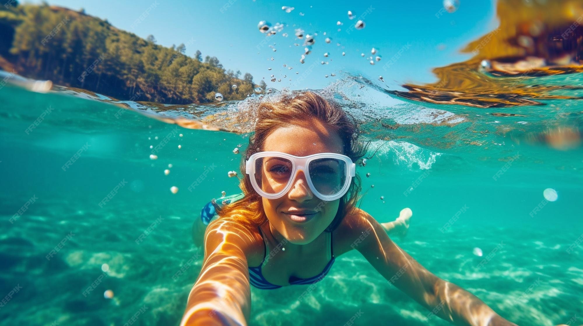 Premium Ai Image Generative Ai With A Girl Swimming In The Ocean Wearing Sunglasses