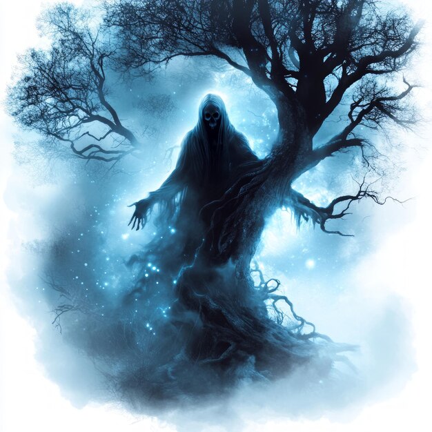 A ghostly figure emerges from a mystical tree surrounded by an ethereal ... A ghostly figure emerges from a mystical tree surrounded by an ethereal ...