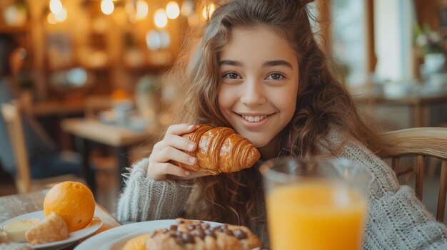 Premium Photo Girl Eating Croissant For Breakfast With Orange Juice