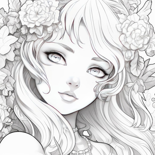 Premium Ai Image Girl Among The Flowers Coloring Book Illustration