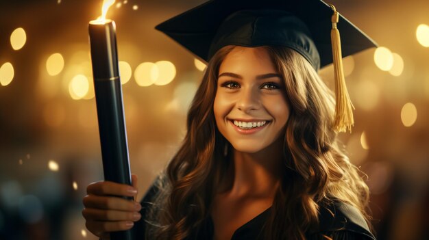Premium Photo A Girl In A Graduation Cap Holds A Torch And A Torch In