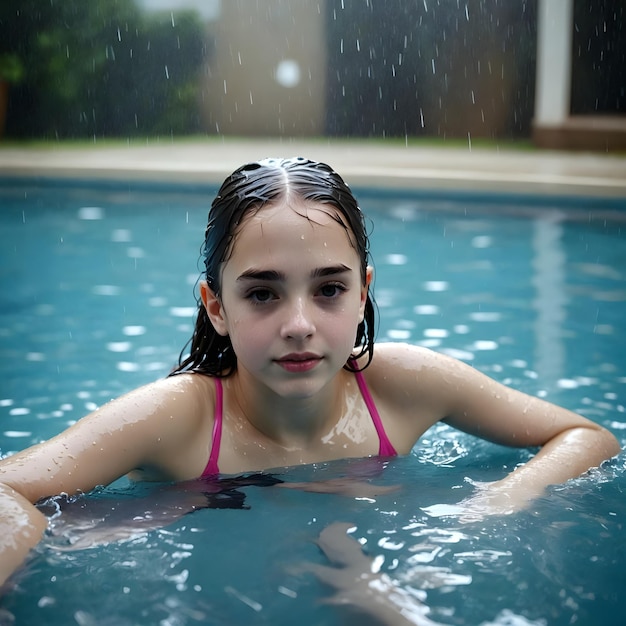 A Girl In A Pool With Water And A Pink Bathing Suit On Premium Ai Generated Image